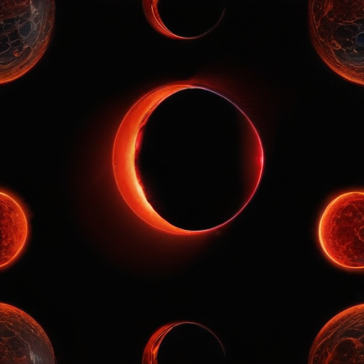 Red eclipse. Fully black background. Dark planet, glowy red atmosphere ...