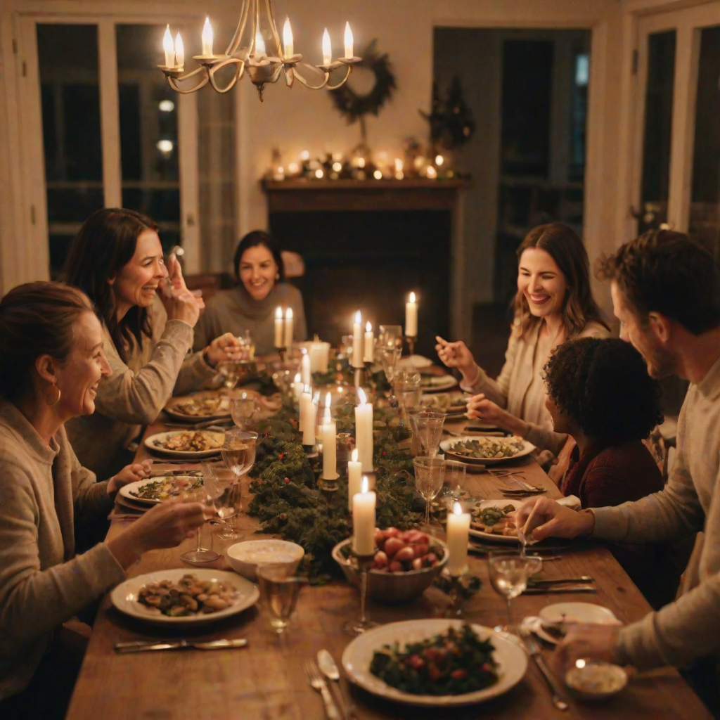 Joyful Gathering of Friends and Family Around a Festive Dinner Table