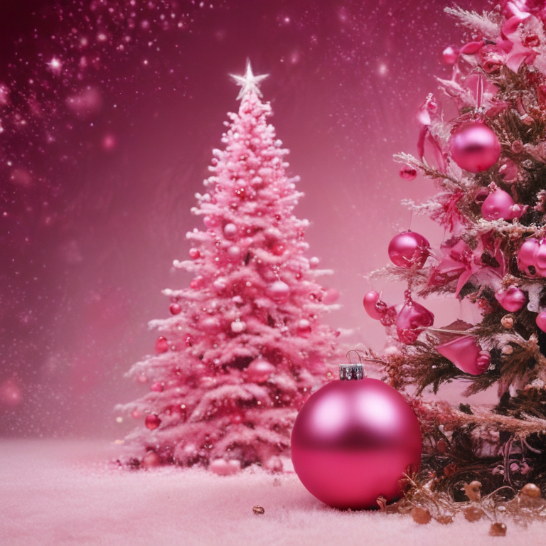 A Magical Pink Christmas Scene with Glittering Trees and Ornaments.