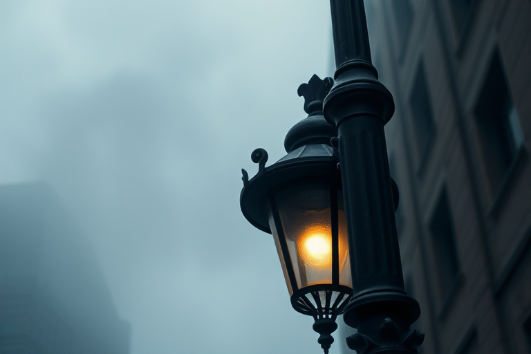 Soft Glow of a Vintage Street Lamp Amidst a Foggy Urban Landscape
