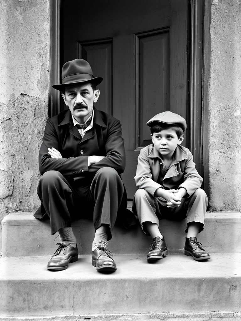 A Serious Moment Between a Father and Son on the Steps.