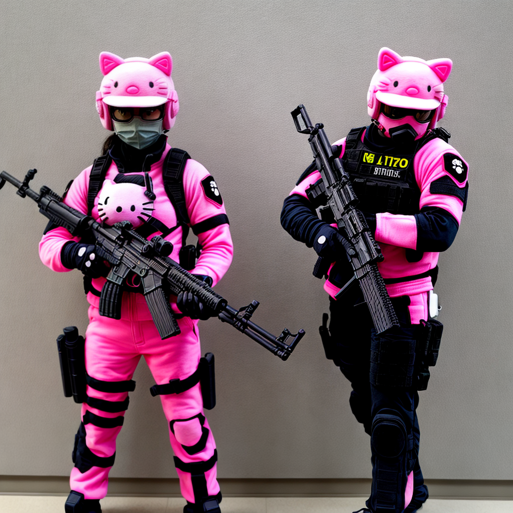 2 Tactical Hello Kitty Cat in pink SWAT suit Standing and holding gun ...