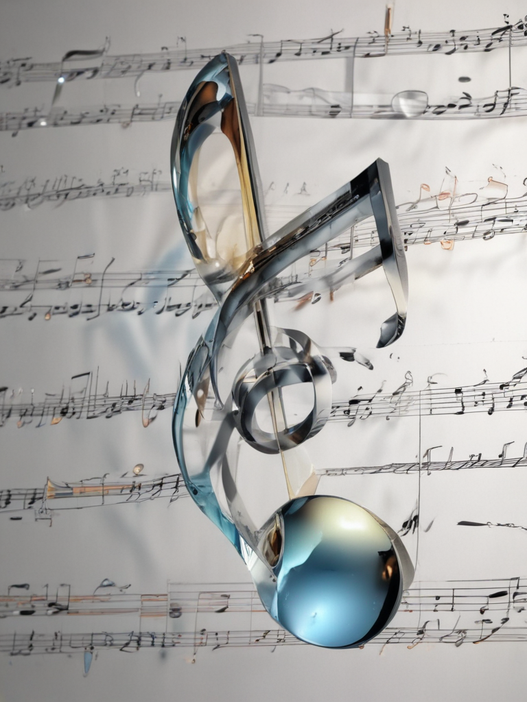 Elegant Crystal Musical Note Sculpture Against a Background of Sheet Music