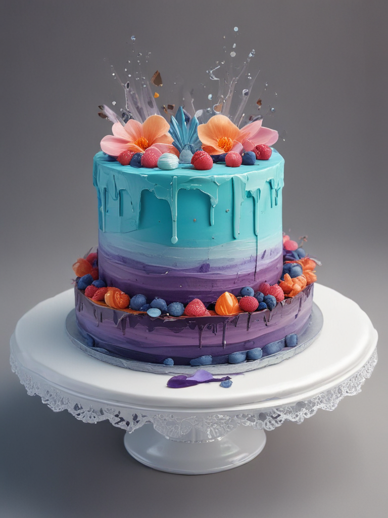 Elegant Two-Tiered Cake Decorated with Vibrant Colors and Fresh Fruits