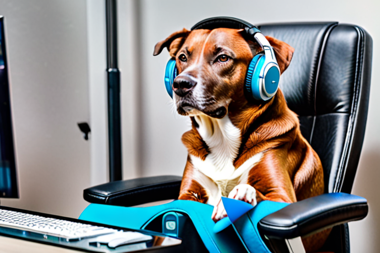 a dog sitting on a gaming chair with headphones listening to music