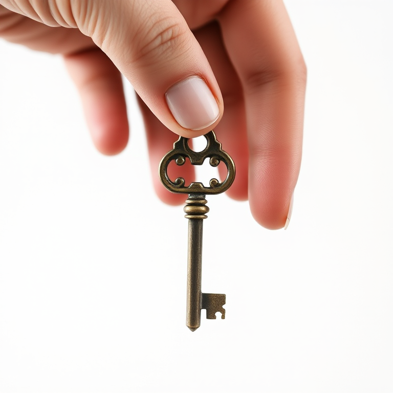 An Ornate Vintage Key Held Delicately Between Fingers Against a White ...