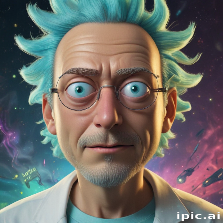 Whimsical Scientist with Wild Hair in a Cosmic Science Fiction Setting