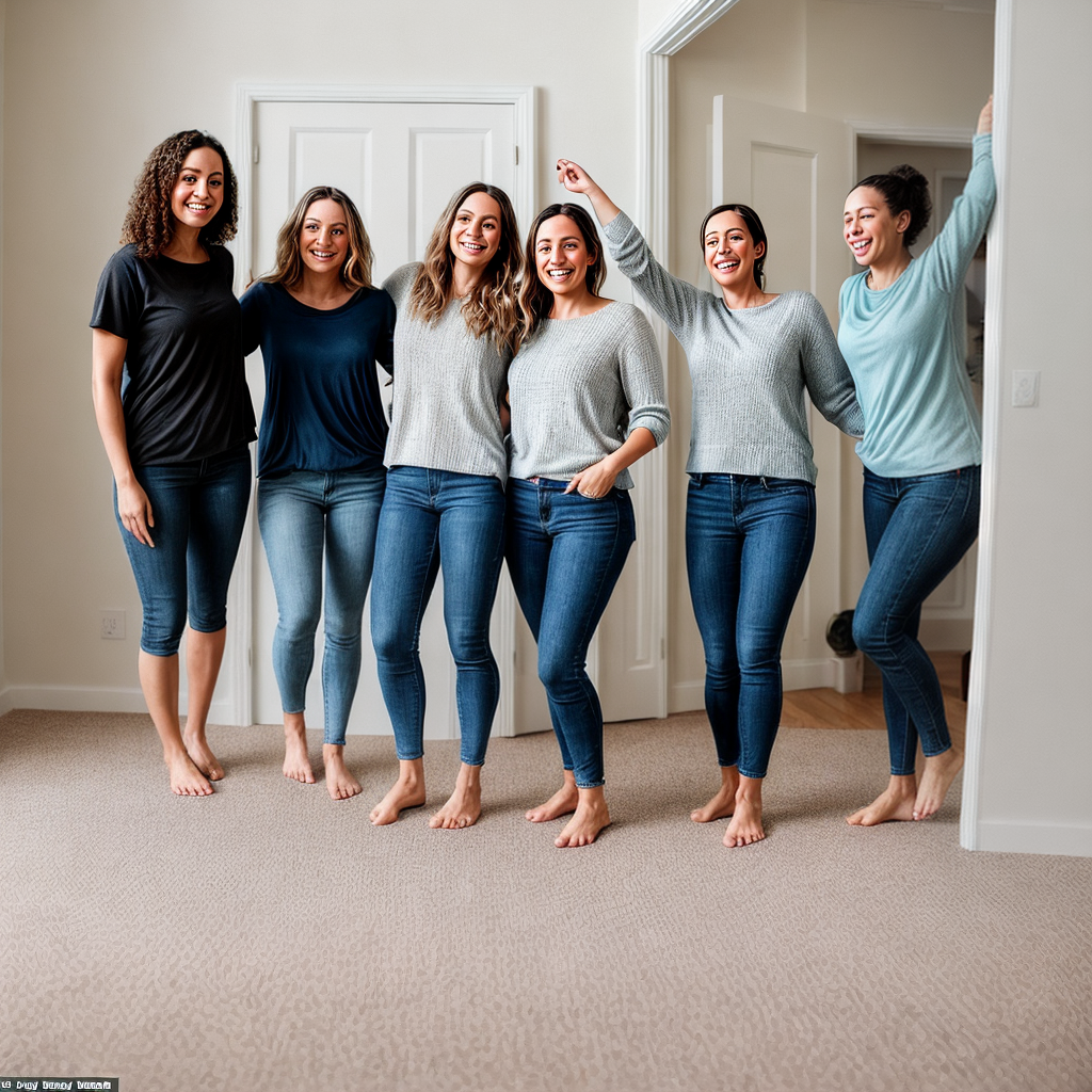 three women, in their thirties and forties, are enjoying a barefoot ...