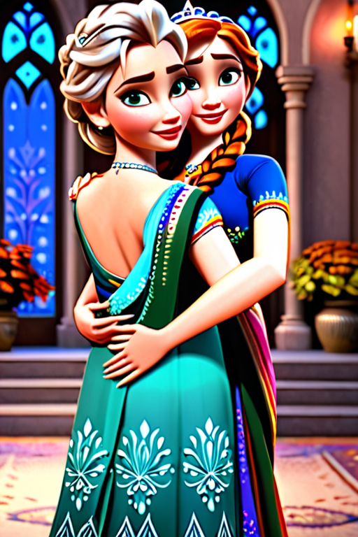 Elsa and Anna together hugs in saree indian 3D Disney