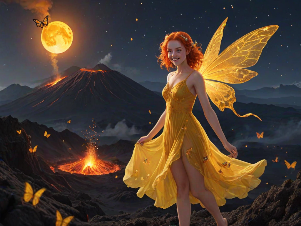 Enchanting Fairy in a Yellow Dress Amidst a Fiery Volcano Landscape at ...
