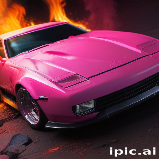 Vibrant Pink Sports Car Surrounded by Fiery Flames in Dramatic Scene
