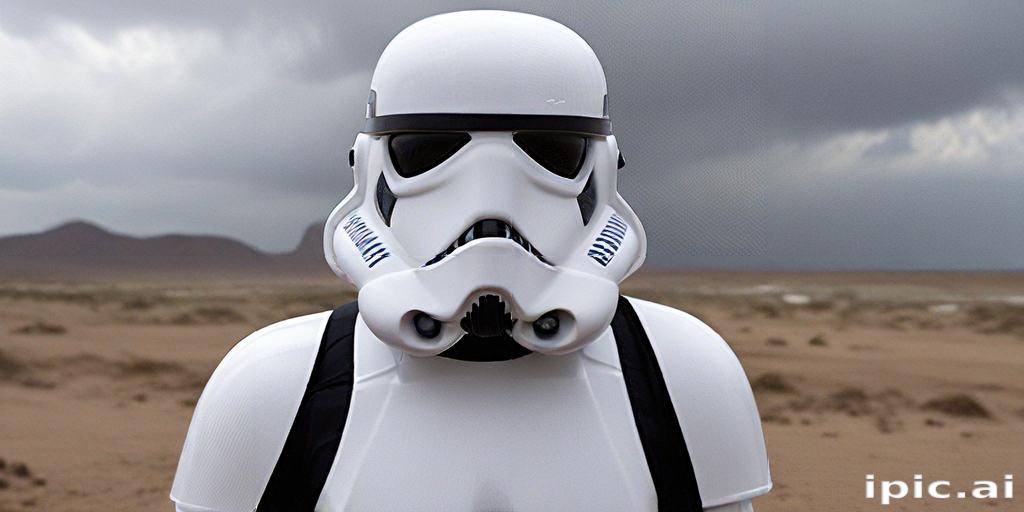 Stormtrooper Stands Alone in a Desert Landscape Under Dramatic Skies