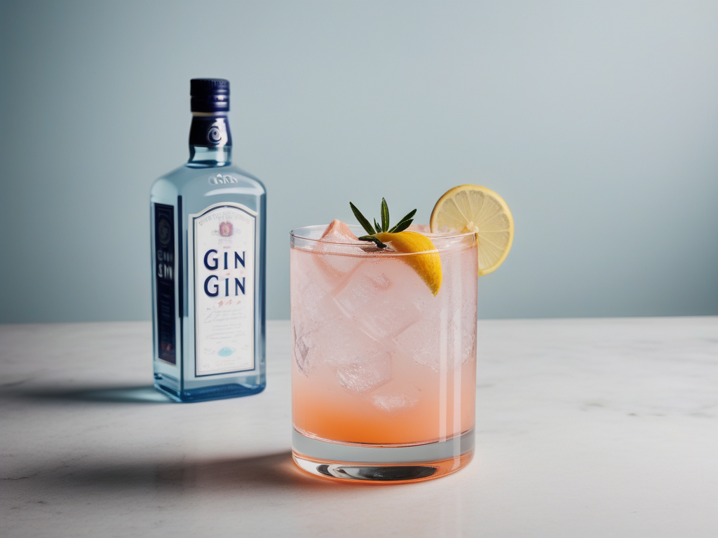 Refreshing Pink Gin Cocktail Served with Lemon and Fresh Herbs.