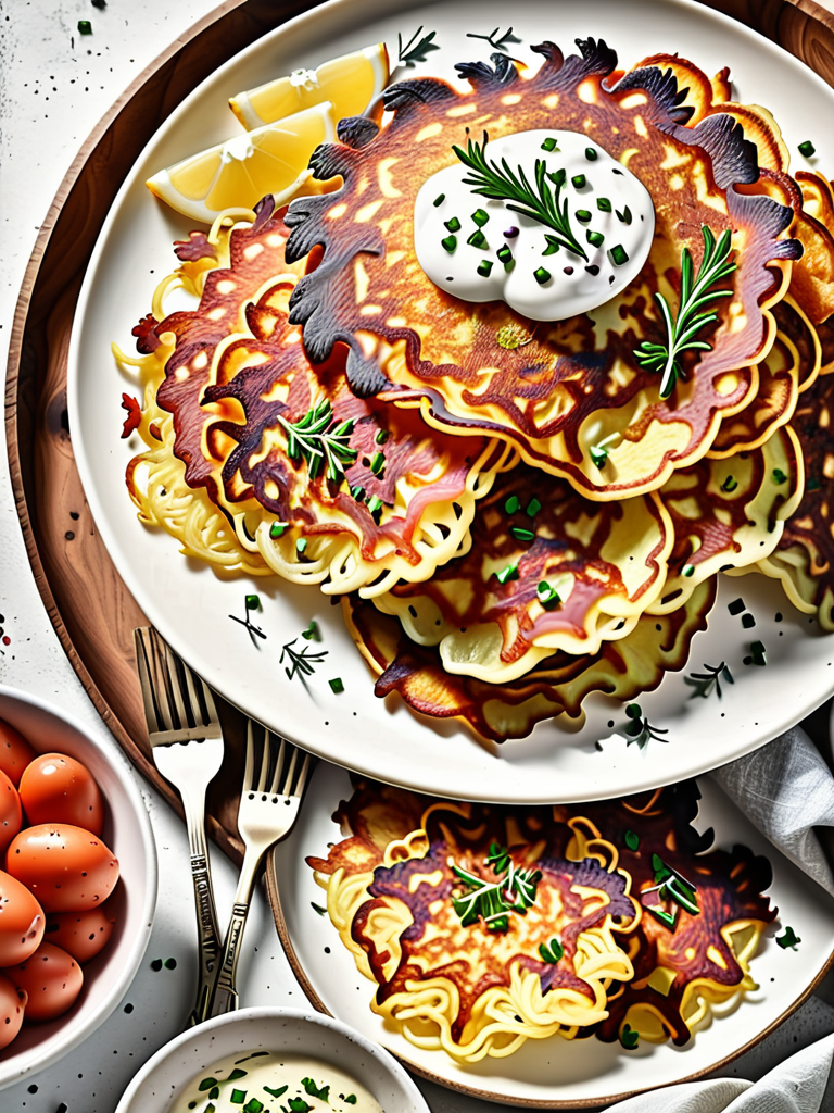 Deliciously Layered Pancakes with Creamy Topping and Fresh Herb Garnish