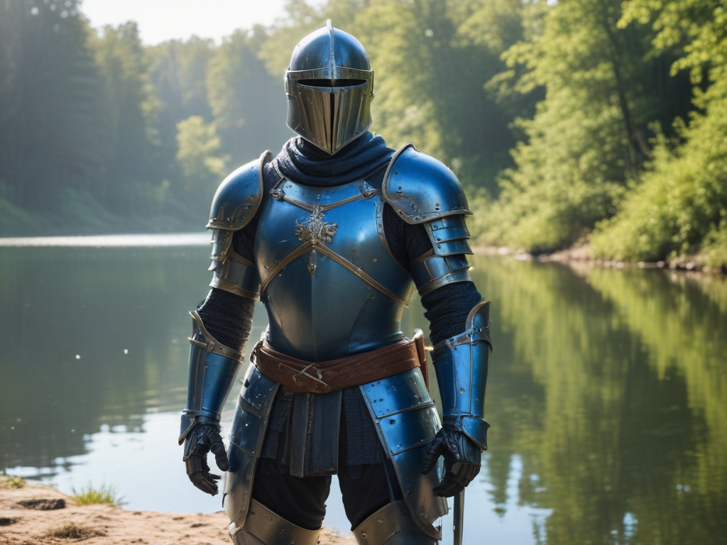 A knight in blue armor stands near a lake, bright sunlight