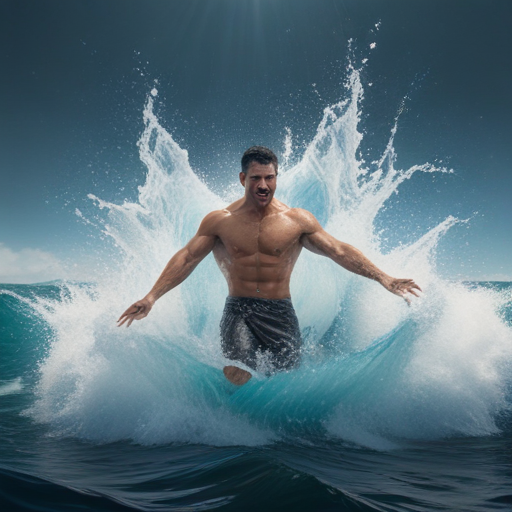 Dynamic Splash: A Muscular Man Leaping Through Vibrant Ocean Waves
