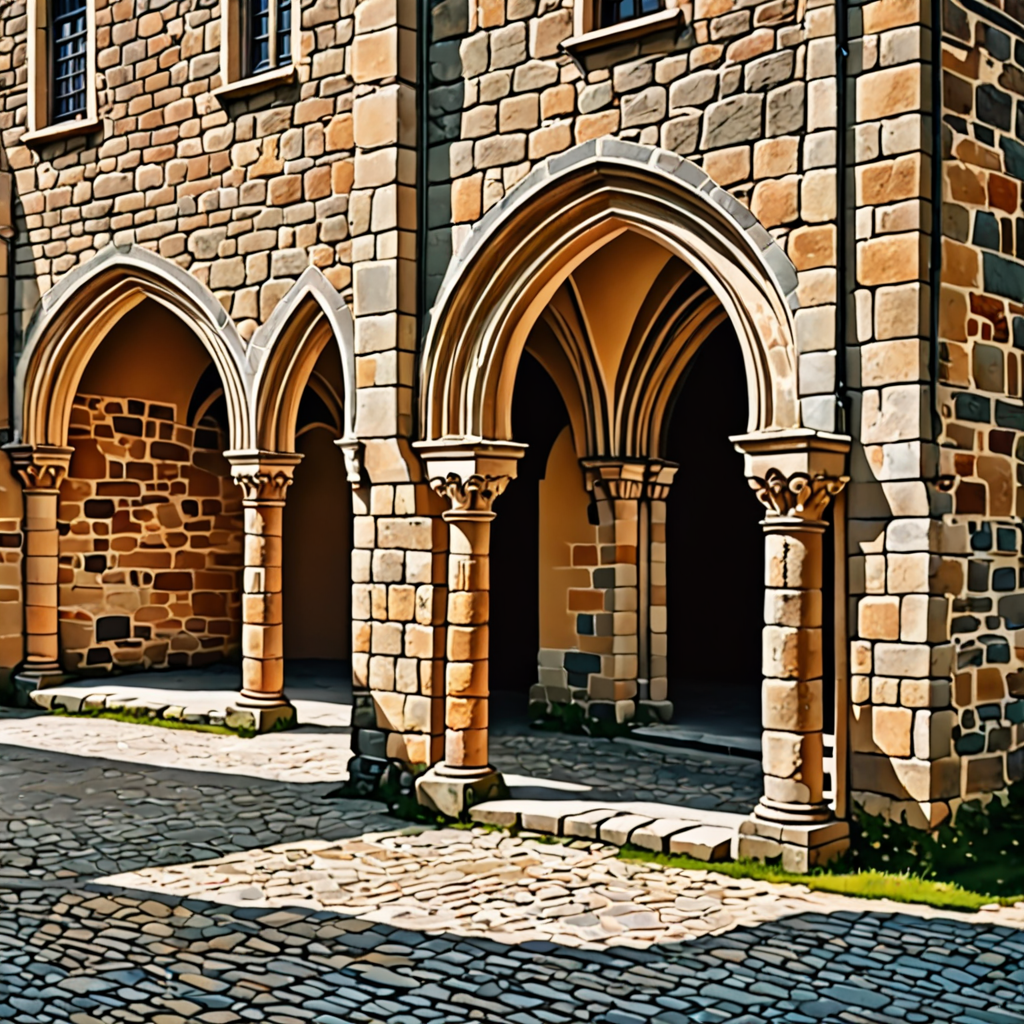 Empty courtyard of a medieval castle. Close view. No people. Flat color.