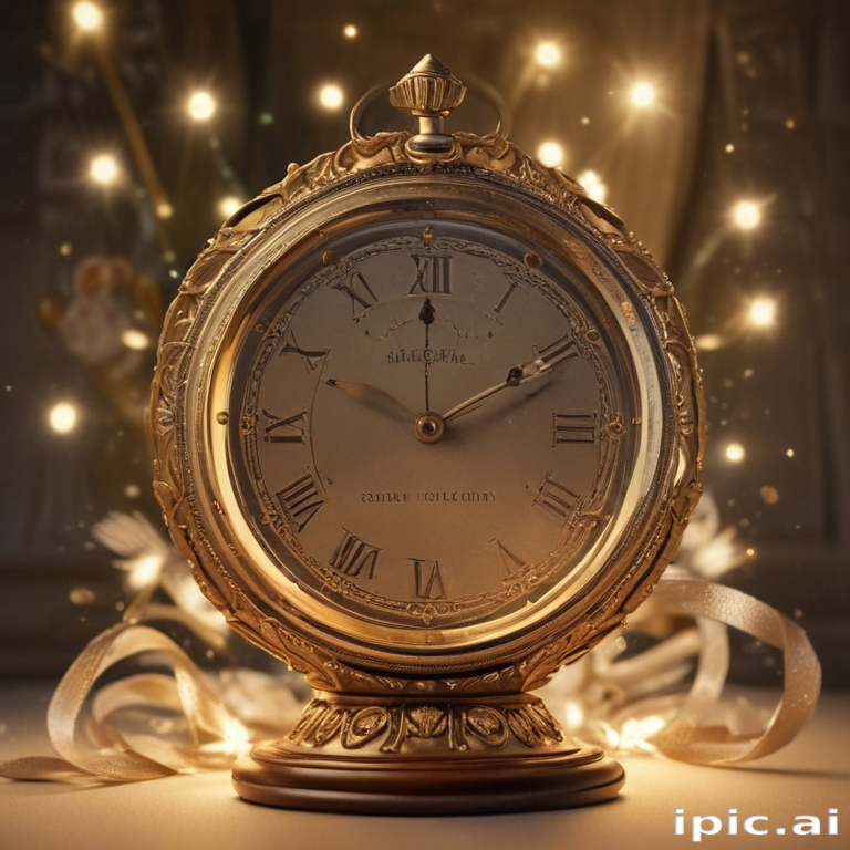 Elegant Vintage Clock Surrounded by Glowing Lights and Delicate Ribbons