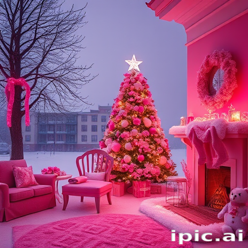 Charming Pink-Themed Christmas Scene with Decorated Tree and Cozy Furniture