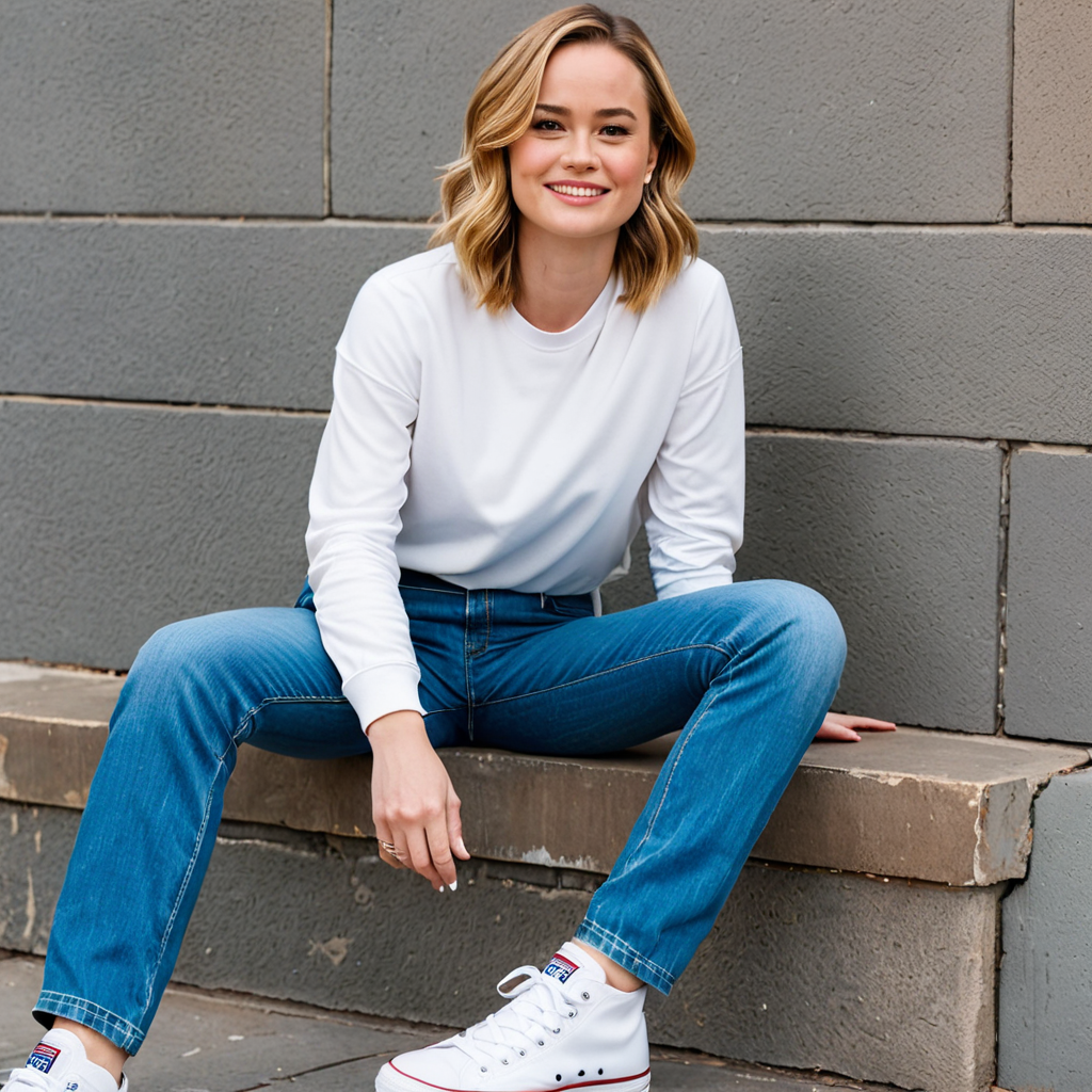 Mcu Brie Larson Carol Danvers Sitting in White Shirt, Blue Jeans, White ...