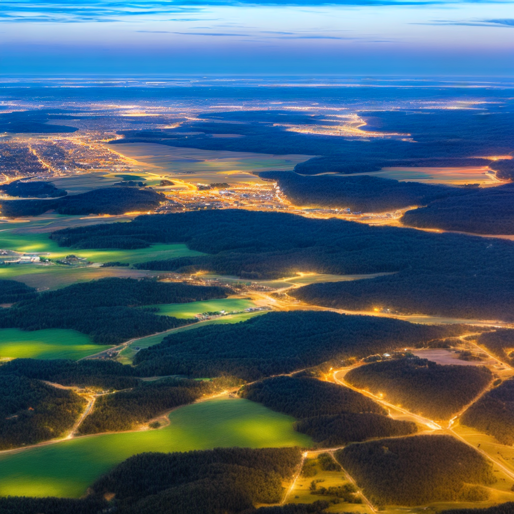 aerial night view from ten thousand feet directly above and looking ...