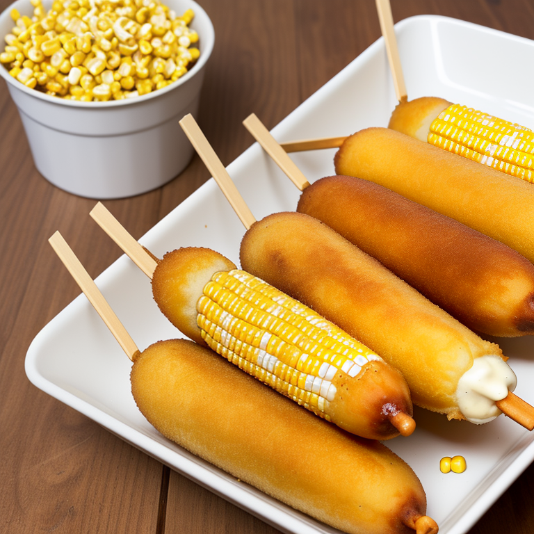 Delicious Corn Dogs and Sweet Corn Served on a Rustic Wooden Table.