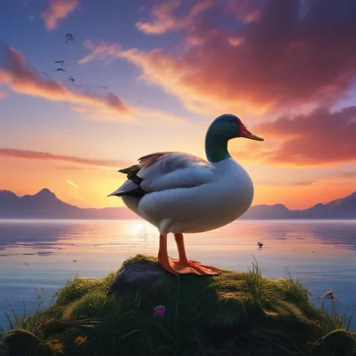 A Serene Sunset Scene Featuring a Majestic Duck by Tranquil Waters