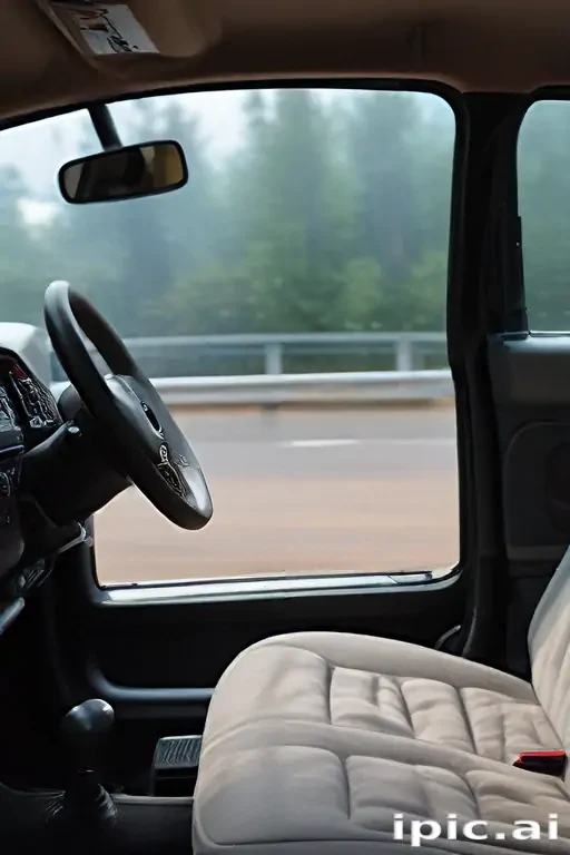 Interior View of a Car with Open Window on a Foggy Road