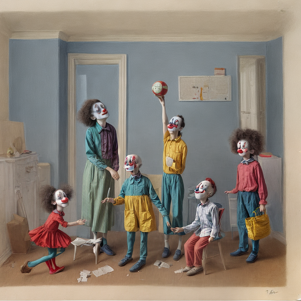 a clown family, an engineer and woman, thermostat and broken objects on ...