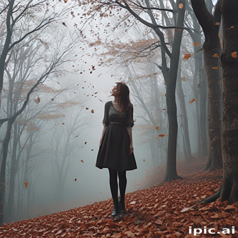 Enchanting Scene of a Woman Surrounded by Falling Autumn Leaves in a ...