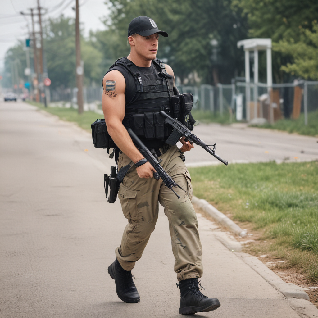 american solder with guns running from the police