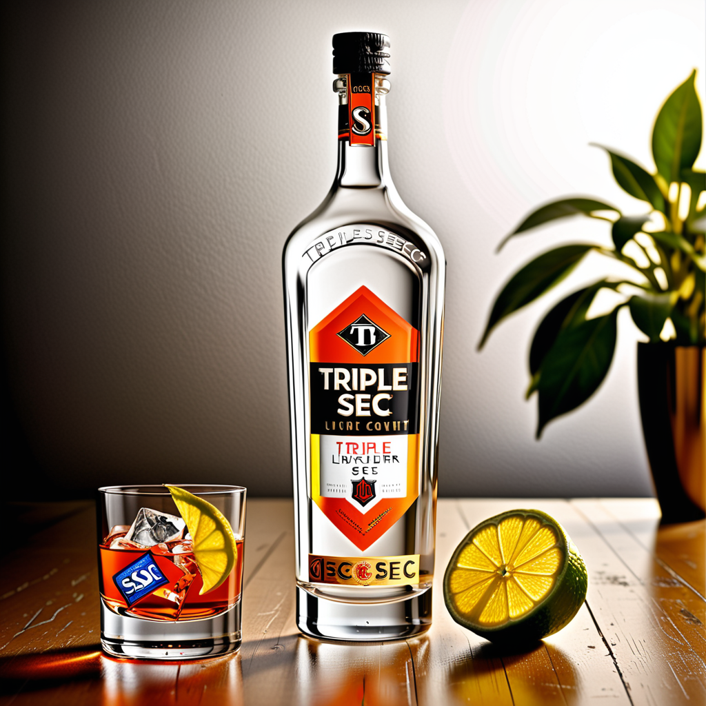 Clear Bottle of Triple Sec Liqueur on Wooden Table Background