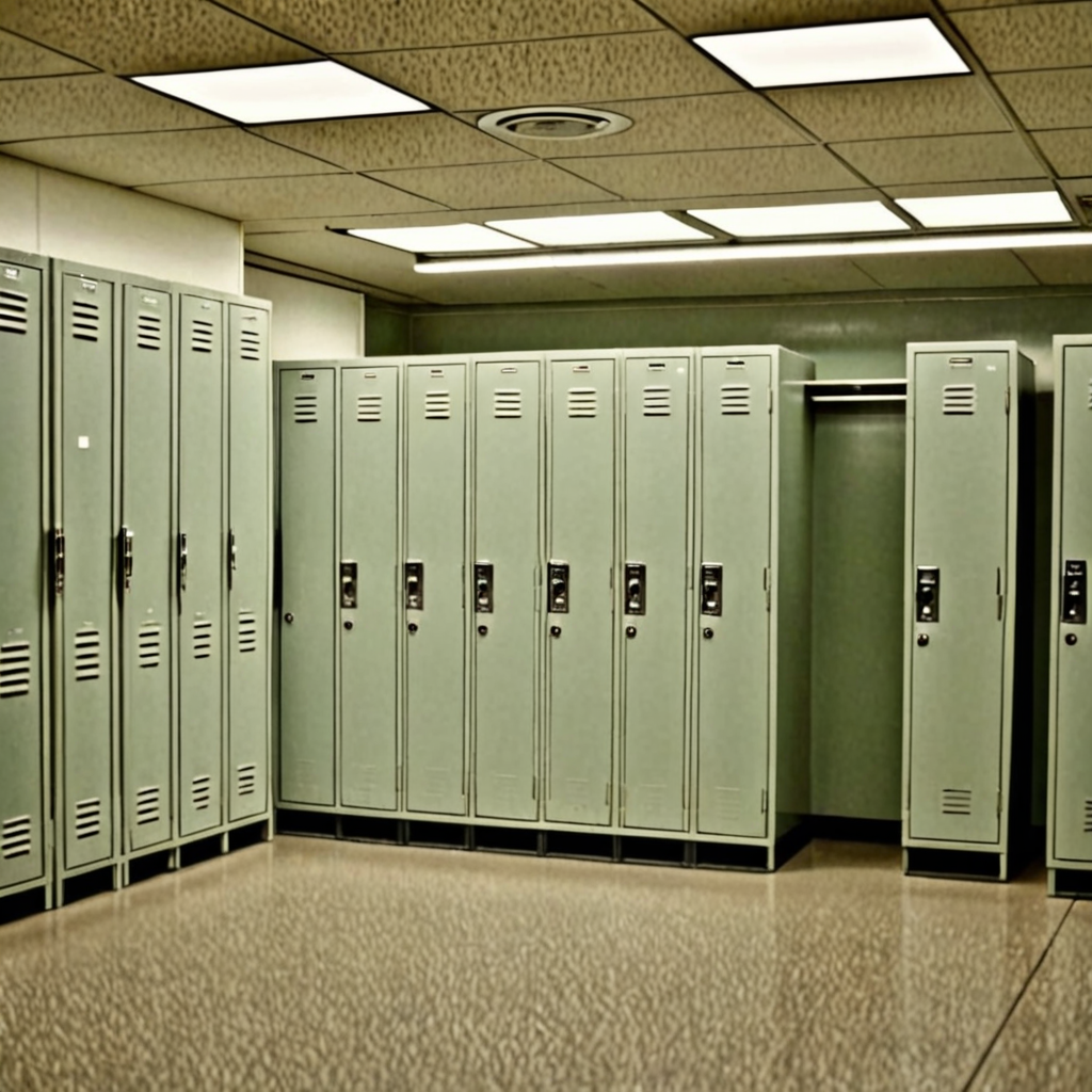 Empty girls' locker room. No people. Flat color.
