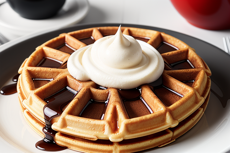 Deliciously Stacked Waffles Topped with Cream and Drizzled with Syrup