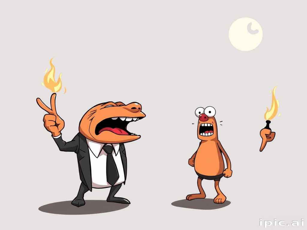 Two Cartoon Characters in a Dimly Lit Scene with Torches and Surprising ...