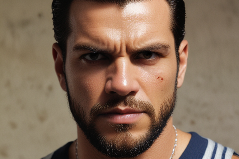 Puerto rican terminator 3 with a beard and widows peak rap album
