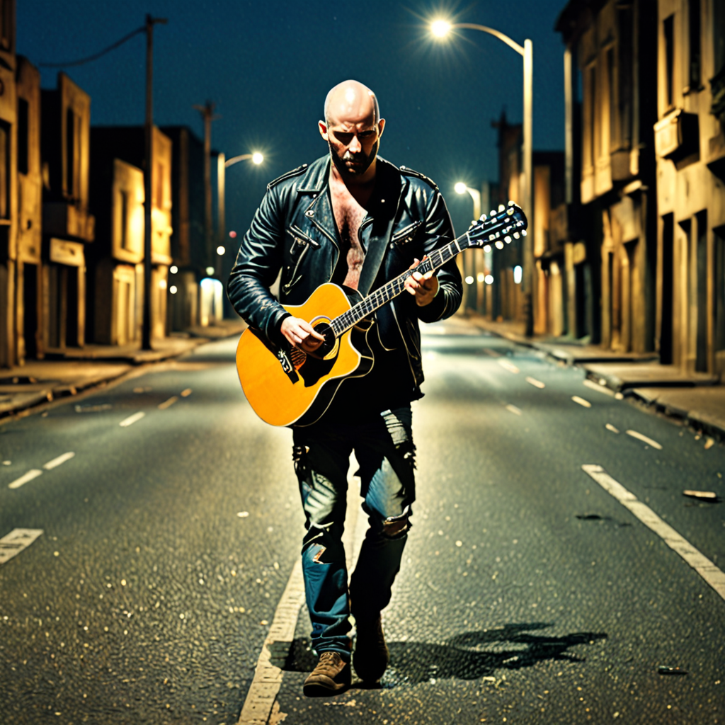 Bald man walking with a guitar in his hand, in The middle of the street ...