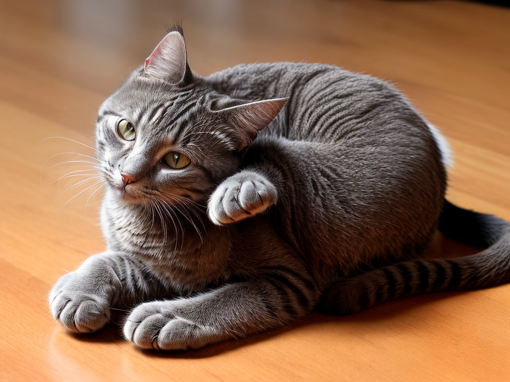 Cat sitting on floor, front paws on head