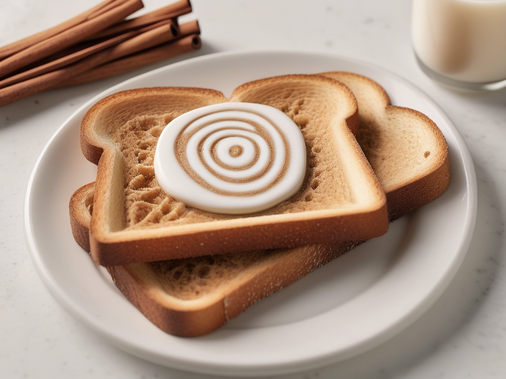 Delicious Cinnamon Roll Swirl on Toast with Cinnamon Sticks and Milk.