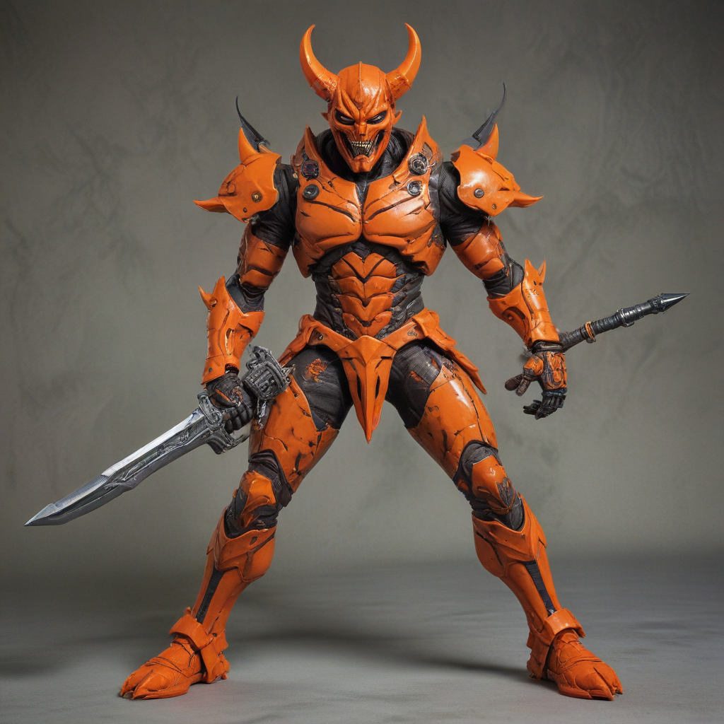 orange demon with armor camouflage guns swords