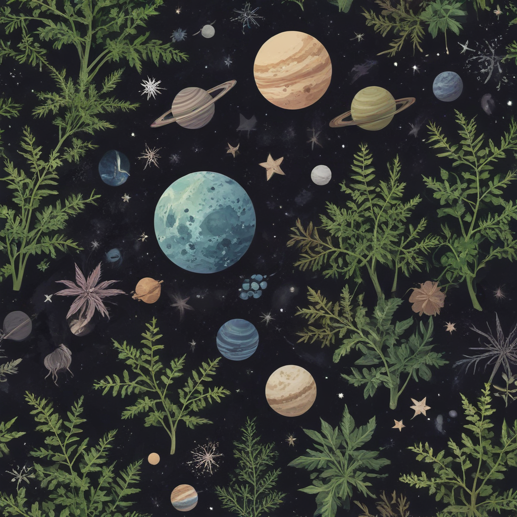utopic nature with alien vegetation and space stars and planets