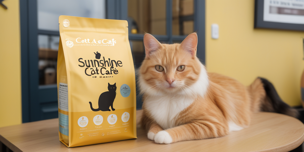 Charming Ginger Cat Relaxing Next to Sunshine Cat Café Food Bag
