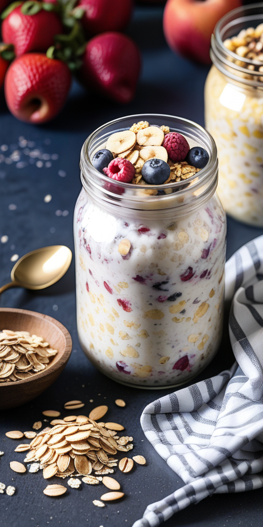 Delicious Overnight Oats with Fresh Fruits and Crunchy Toppings in Jars