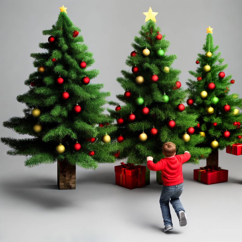 Minecraft, Christmas card, has christmas trees, a kid jumps