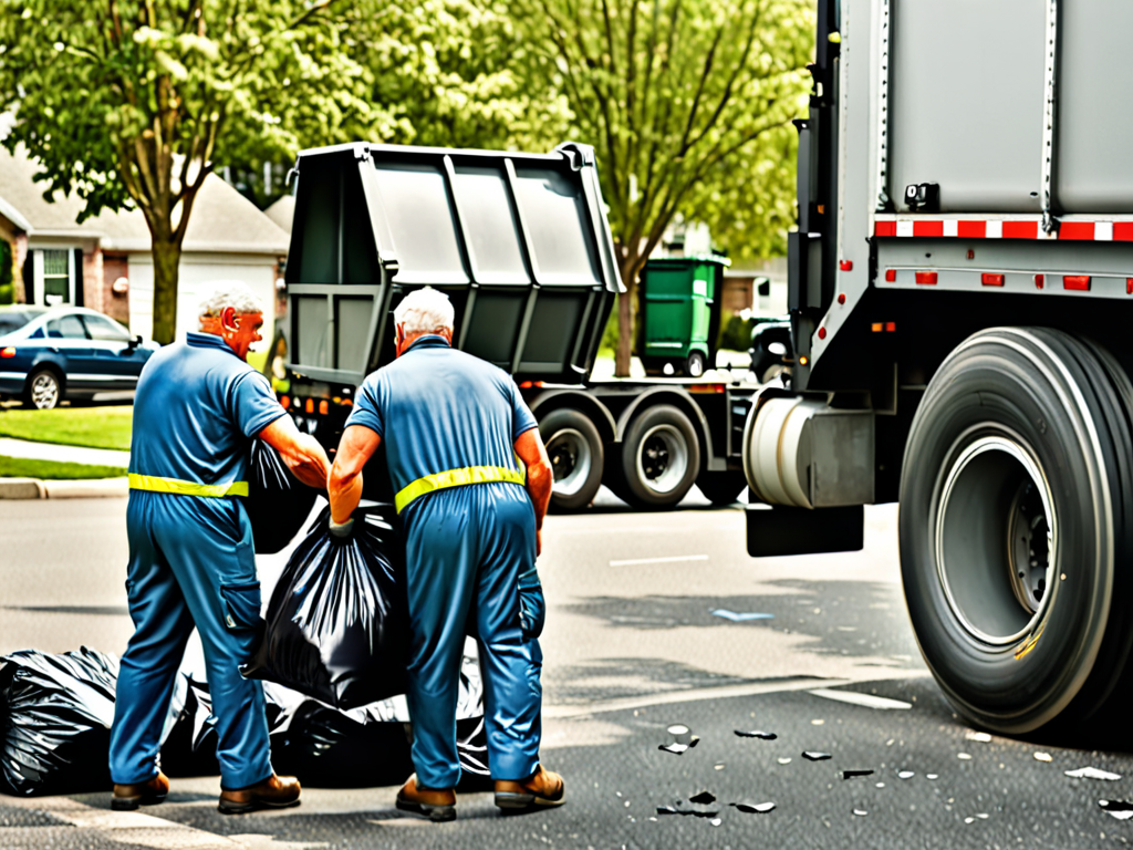 2 realistic older handsome muscular garbagemen from behind throwing ...