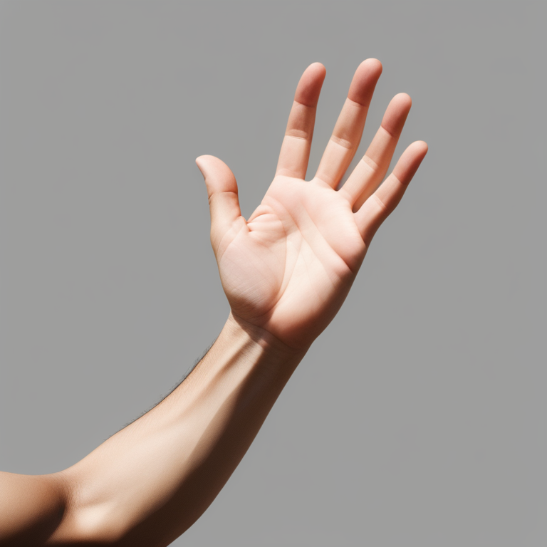 A Close-Up of a Human Hand Reaching Out Against a Neutral Background
