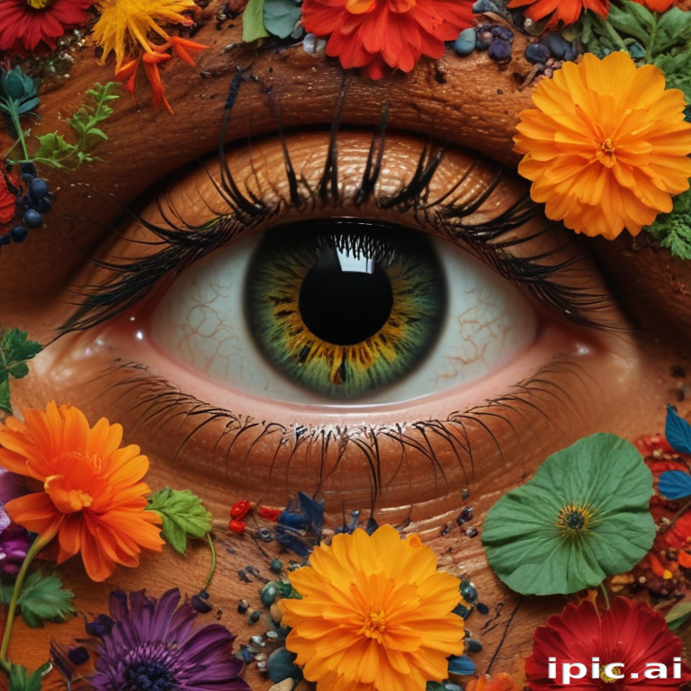 An Artistic Close-Up of a Colorful Eye Surrounded by Vibrant Flowers