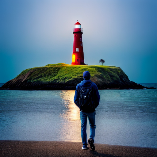 on an island with a lighthouse, with a sad guy in a hood walking