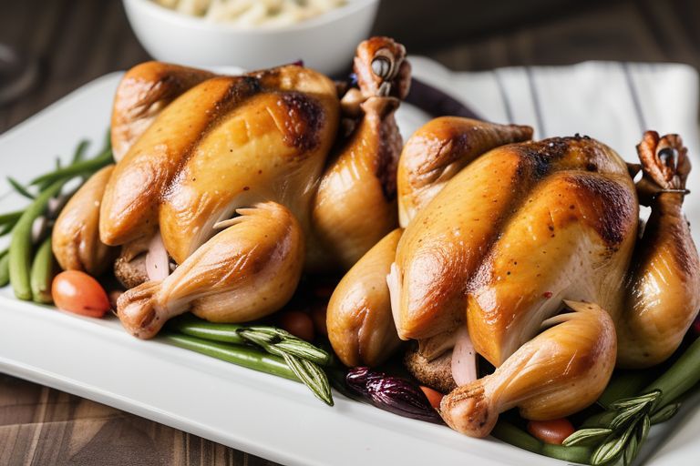 Deliciously Roasted Cornish Hens Garnished with Fresh Vegetables on a ...