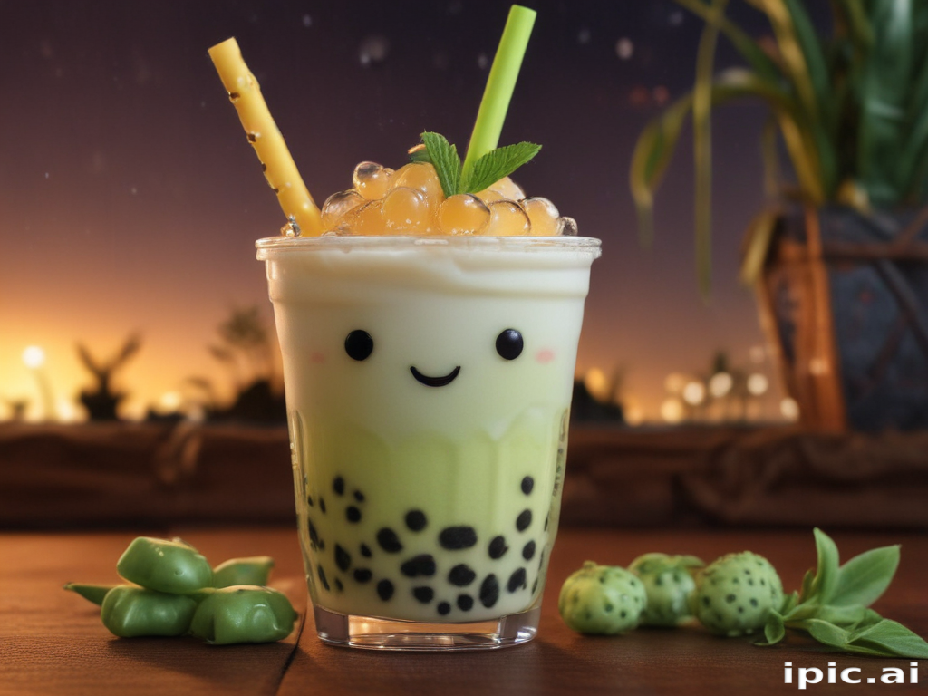 Delightful Green Tea Bubble Tea with Smiling Face and Tasty Toppings
